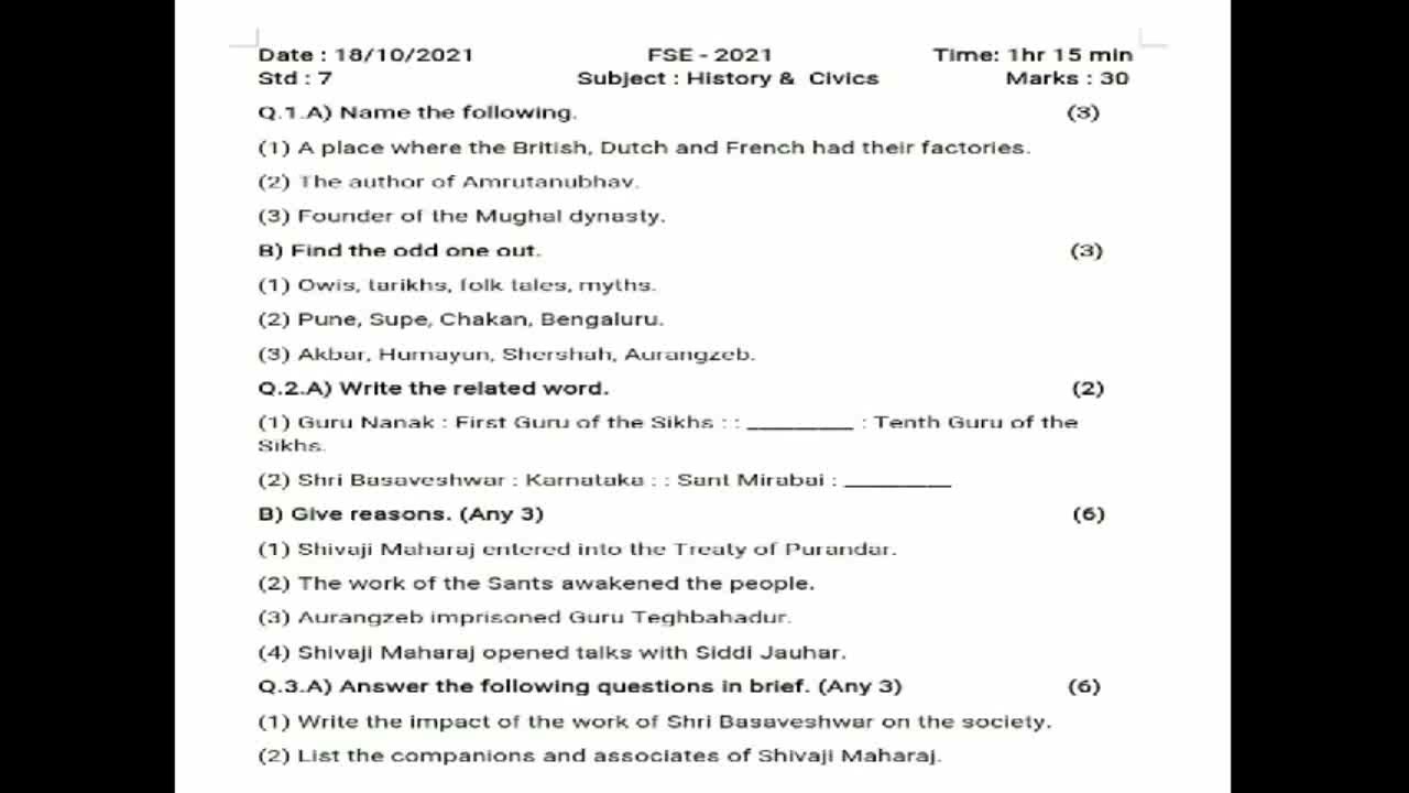 Class 7 History and Civics question paper | First Semester Exam - 2021 ...