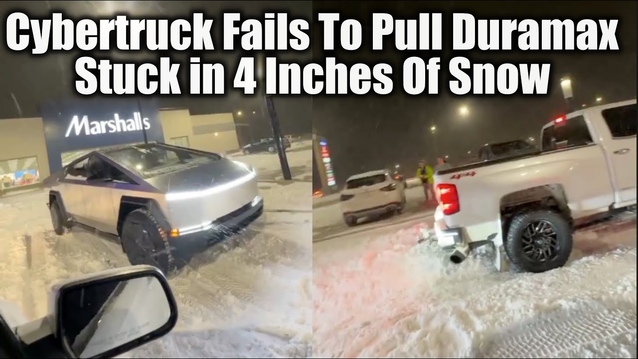 Cybertruck Fails To Pull Duramax Stuck in 4 Inches Of Snow - YouTube