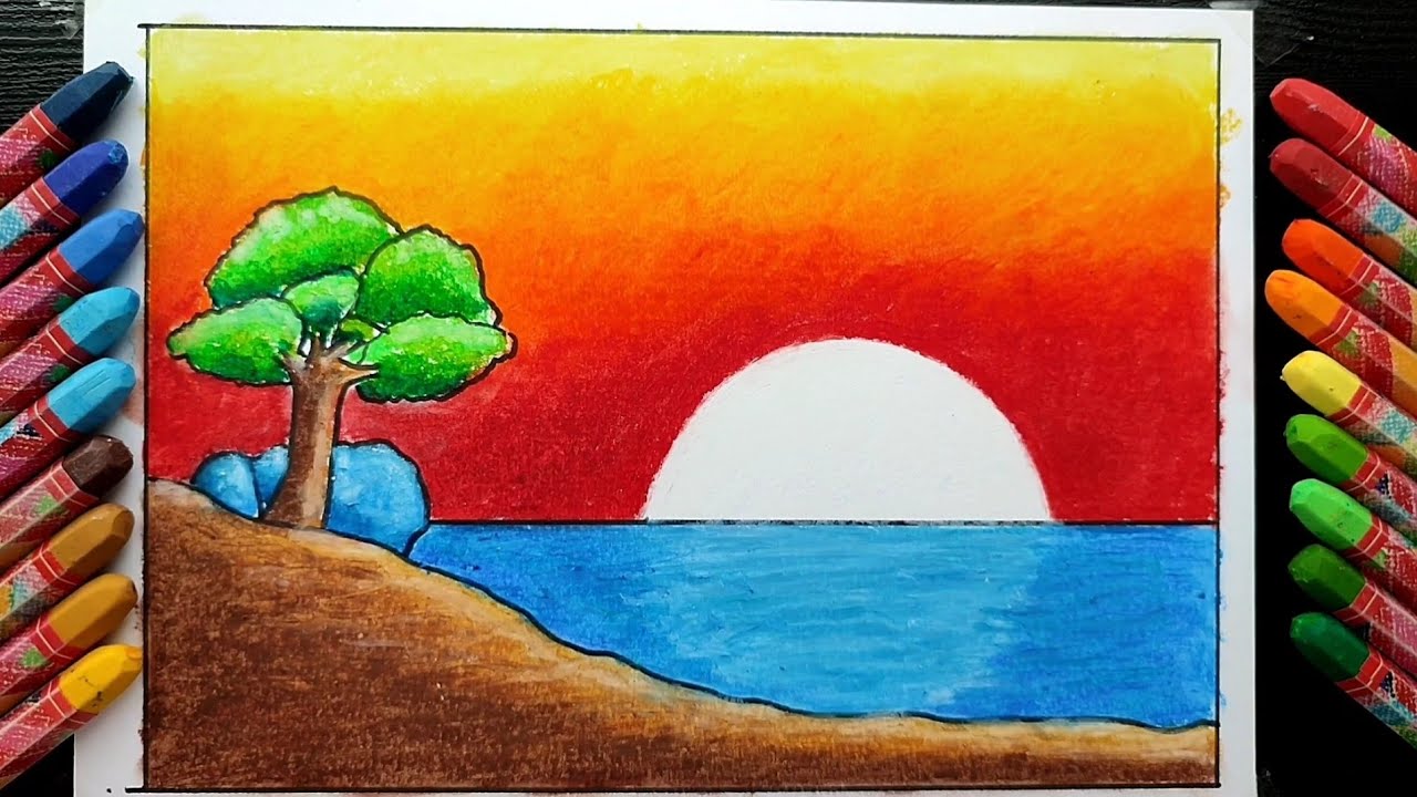 Gün batımı kolay pastel boya resim, easy drawing oil pastel sunset ...