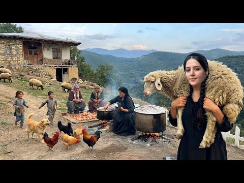 IRAN village life; Butchering a lamb and cooking it with rice