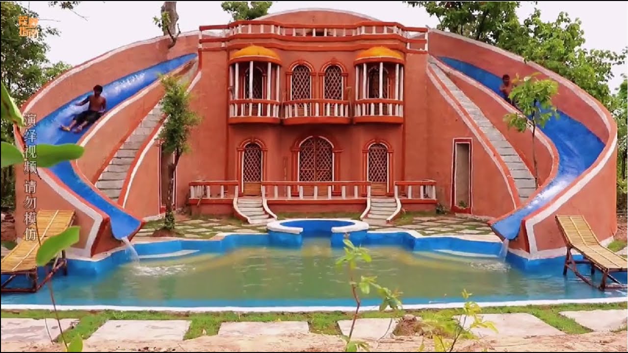 Build a double-storey castle with bare hands in the wild, sky pool and ...