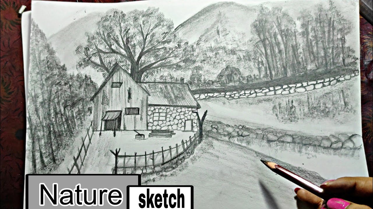 How to draw landscape scenery | landscape nature sketch | scenery ...