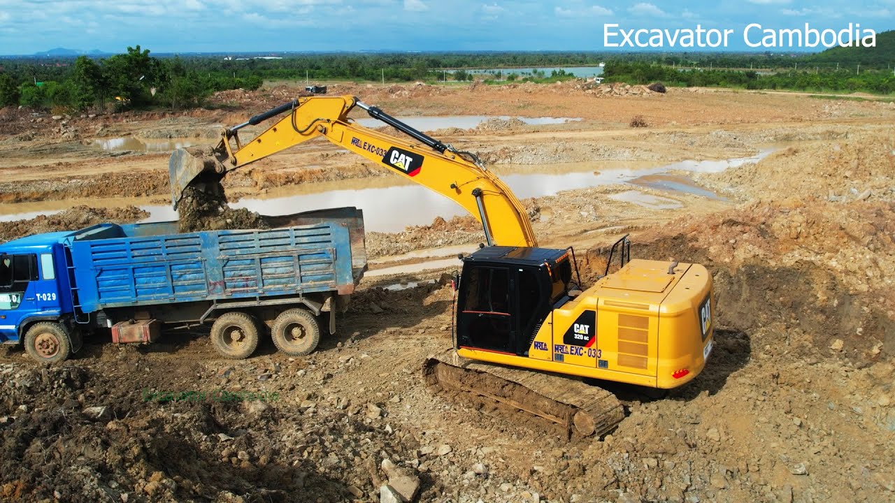 HYUNDAI And CAT Excavator Excavation Loading Dump Truck Running To Site ...