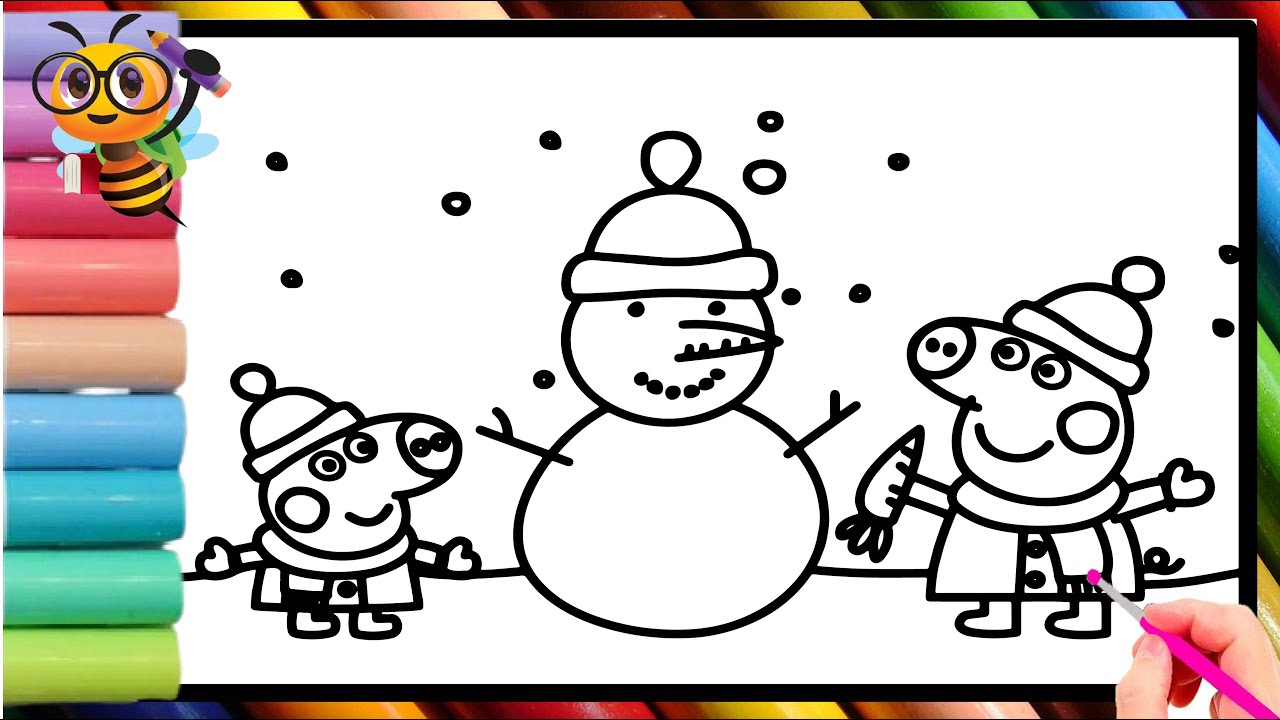 Drawing and Coloring Peppa Pig and George Pig play with snowman ...