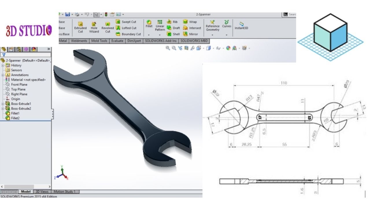 SolidWorks Tutorial # 37 Exercise | Open end spanner | Design a Spanner - YouTube