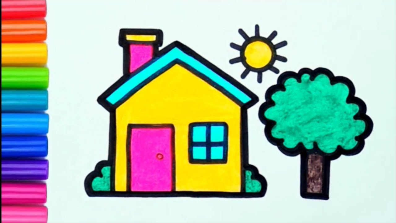 Cute House Drawing | How to draw a cute house with colour easy step by ...