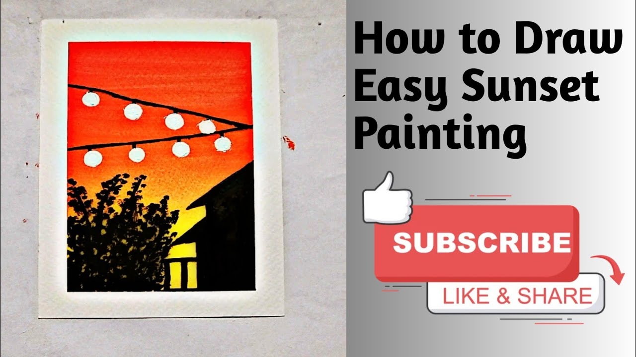 How to Draw Easy Sunset Painting/ String light painting/ Easy painting ...