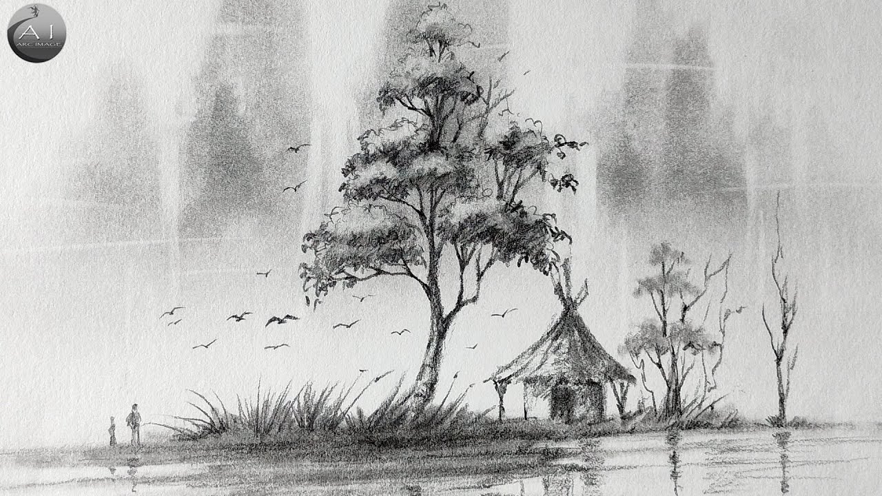 How to draw Village mist landscape | Foggy Scenery | Village landscape ...