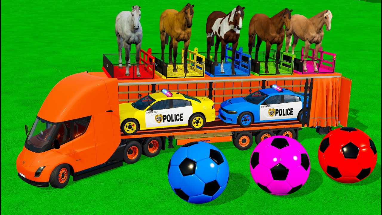 TRANSPORTING FIVE COLOR NEW HOLLAND TRACTOR, RIGITRAC, POLICE DODGE ...