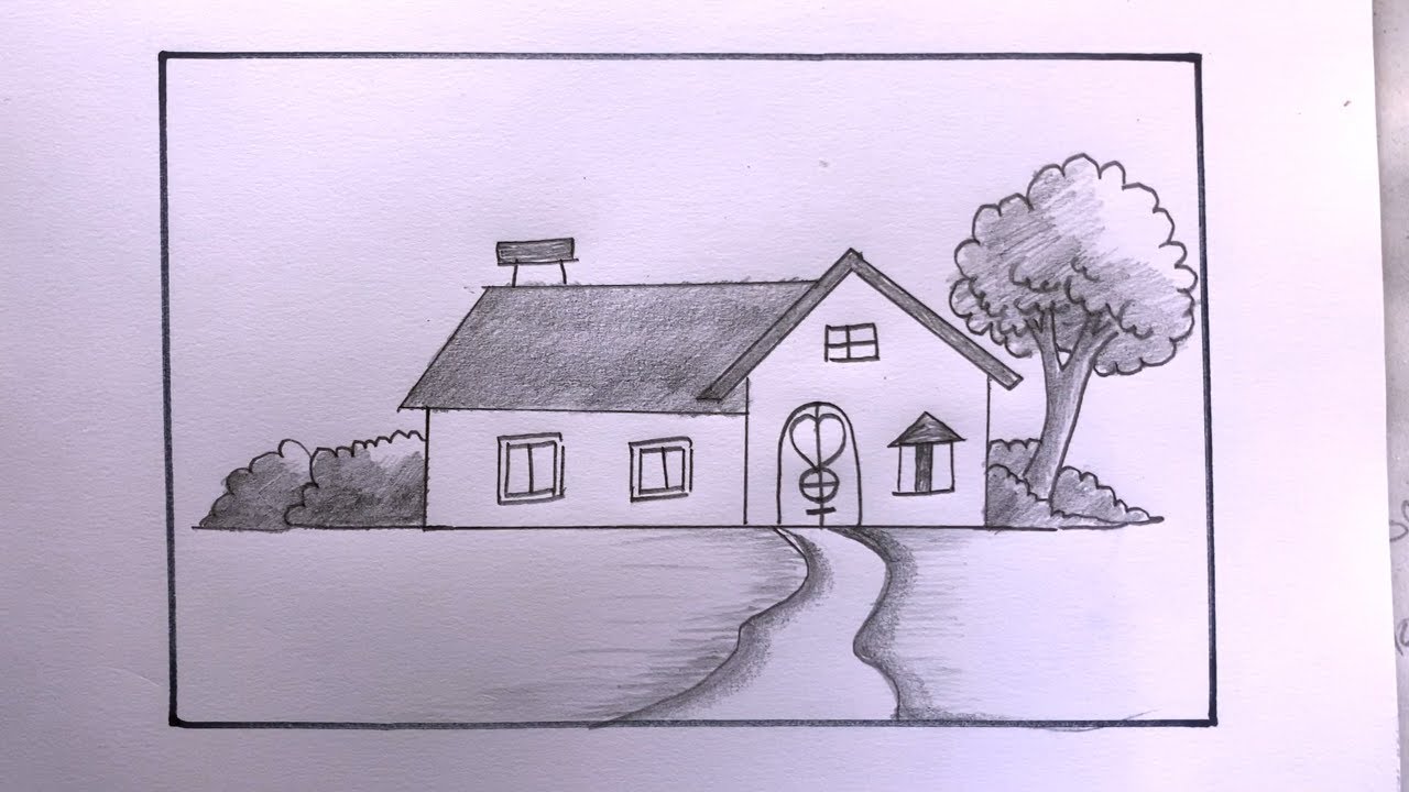 How To Draw House Scenery Step By Step/House Drawing Easy - YouTube