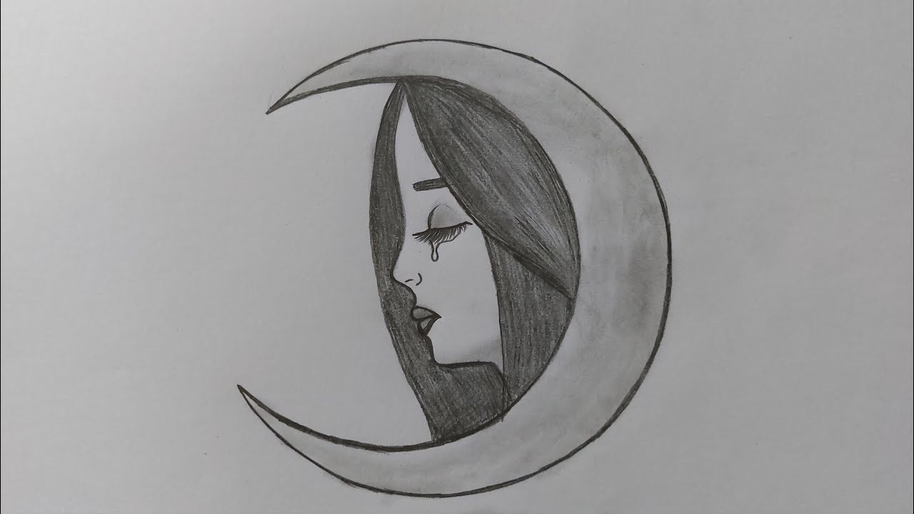 Crying girl drawing | how to draw a girl inside the moon step by step ...