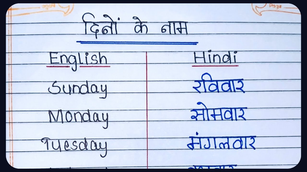 Days name in hindi | हिंदी में दिनों के नाम | Days of week in hindi ...