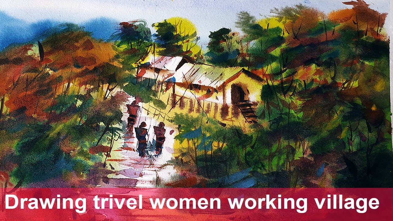 Drawing trivel women working village | Drawing tribal village house and ...