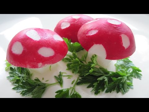 Грибы из редиса для украшения блюд. Карвинг из овощей