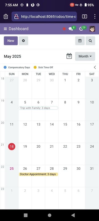 Demo: Odoo ERP 18 (Open Source): Time Off App on Android Mobile with Local PostgreSQL Database ...