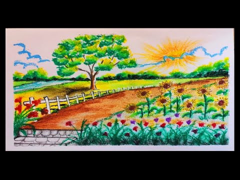 How to draw a Garden scenery step by step tutorial easy | Oil Pastel ...