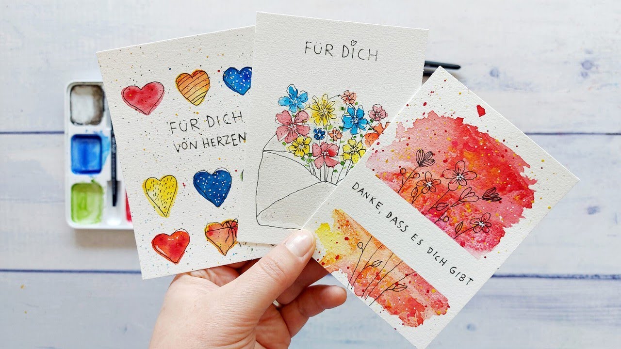 Einfache Aquarell-Karten malen - 3 Ideen für Geburtstag, Muttertag ...