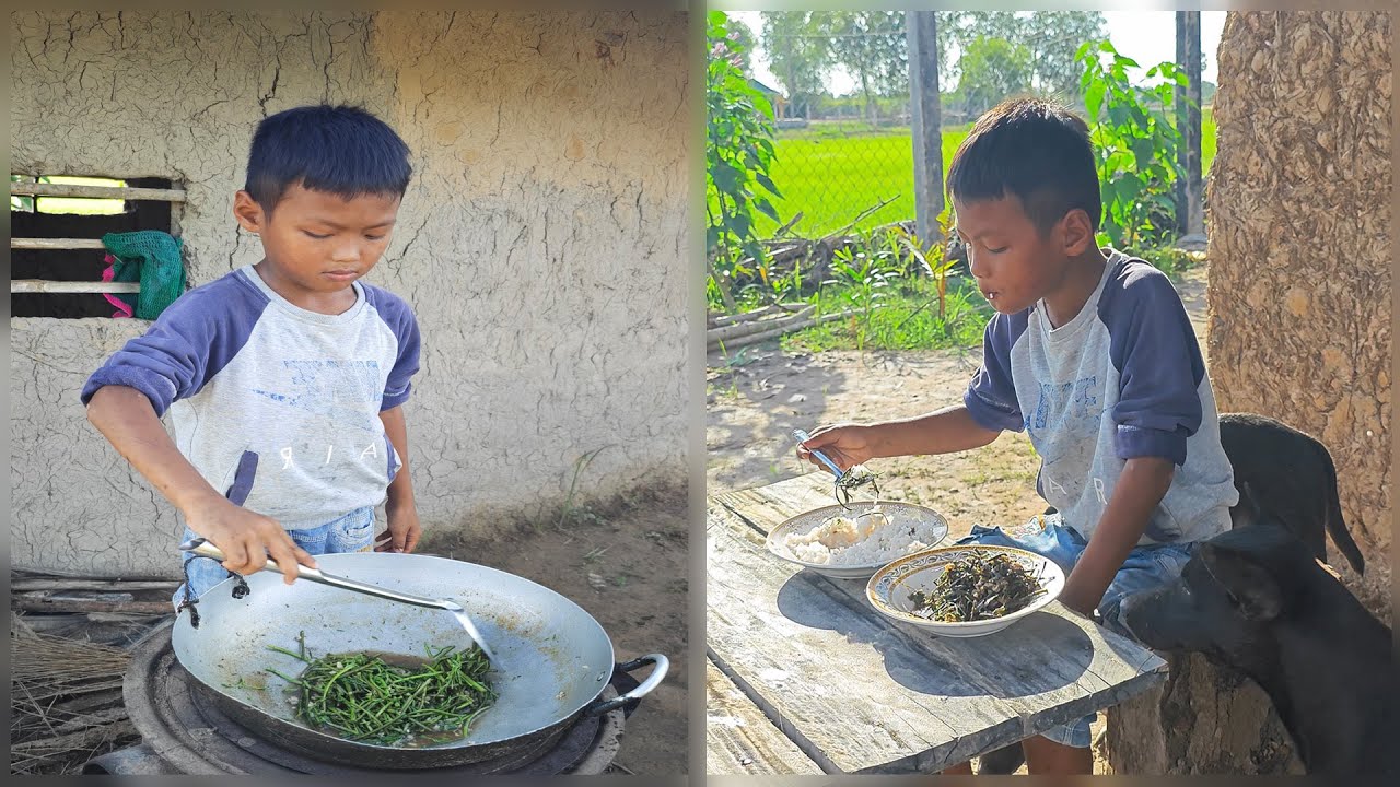 Adorable countryside boy cook food , Rural life village of little chef ...