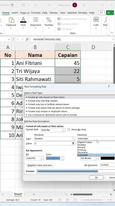 Cara Membuat Progress Bar di Excel Nilai Maksimum 100 #tutorialexcel - YouTube