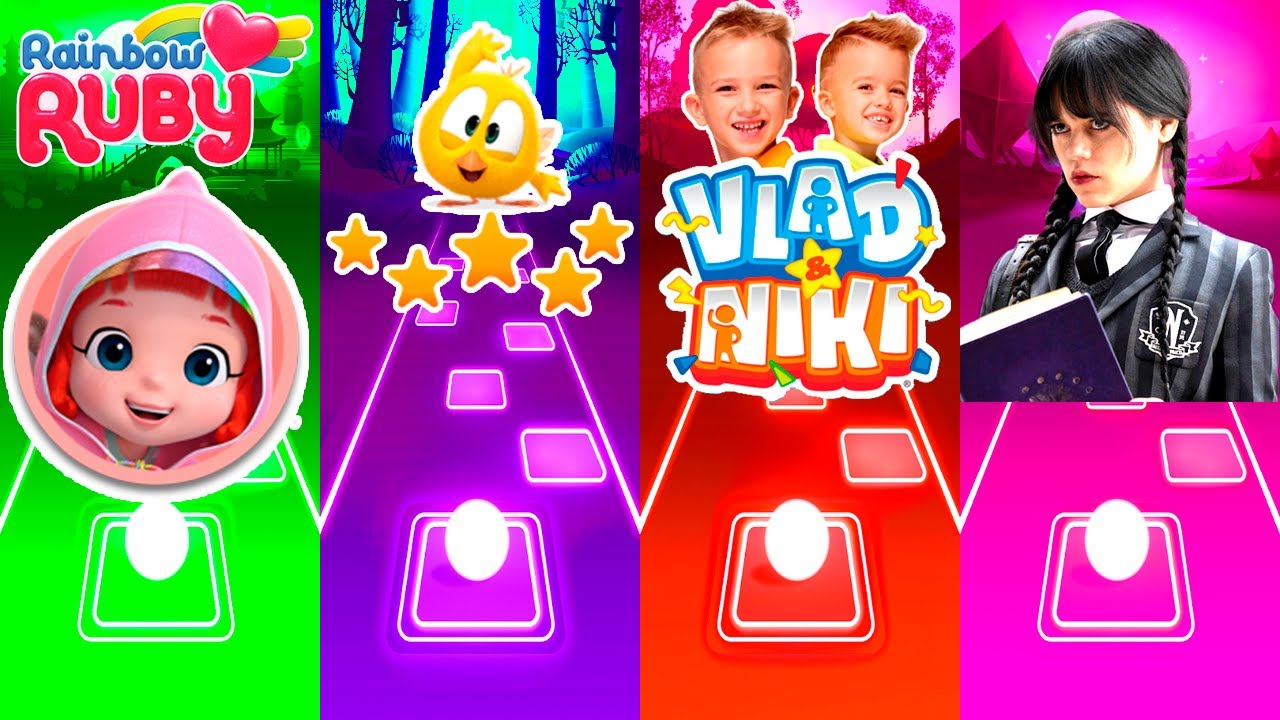 WEDNESDAY ADDAMS DANCE vs Rainbow Ruby vs Where's Chicky vs Vlad and Niki | 😻 Tiles Hop EDM Rush ...