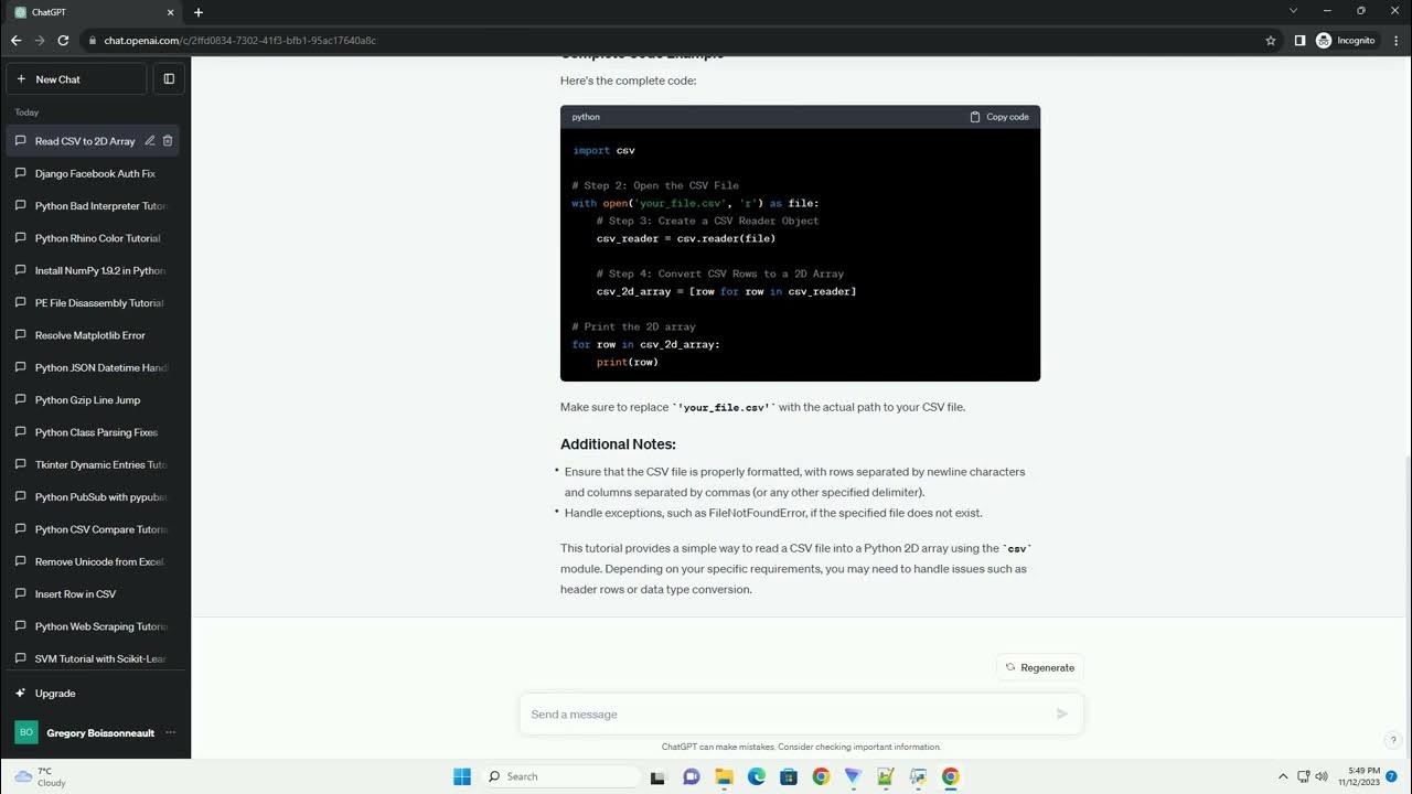 How to read csv file into Python 2d array - YouTube