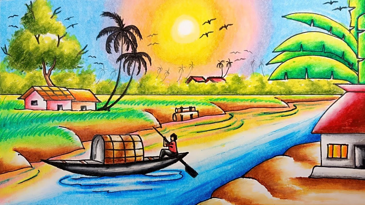 gramer drisho aka/ village scenery drawing easy and beautiful/ pastel ...