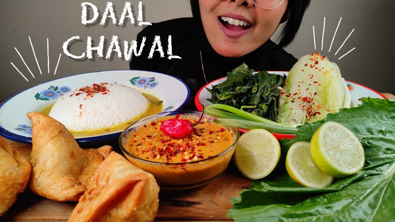 EATING SIMPLE DAL CHAWAL, SAMOSA WITH SPICY CHUTNEY, BOILED CABBAGE ...