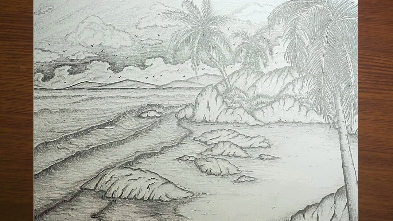 Lukisan Pemandangan Pantai Menggunakan Pensil