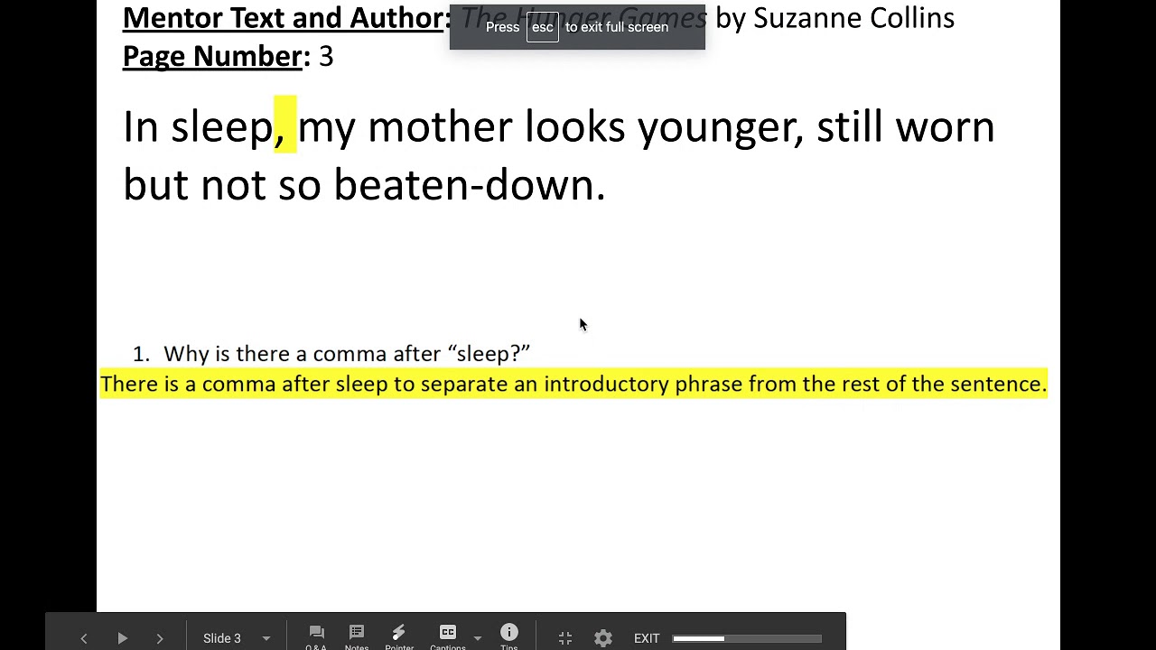 Mentor Sentence Grammar Instruction from The Hunger Games by Suzanne ...