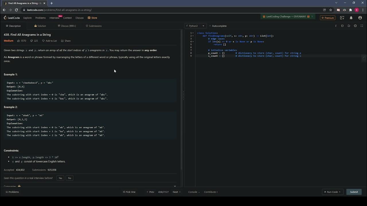 Leetcode Question 438: Find All Anagrams in a String - YouTube