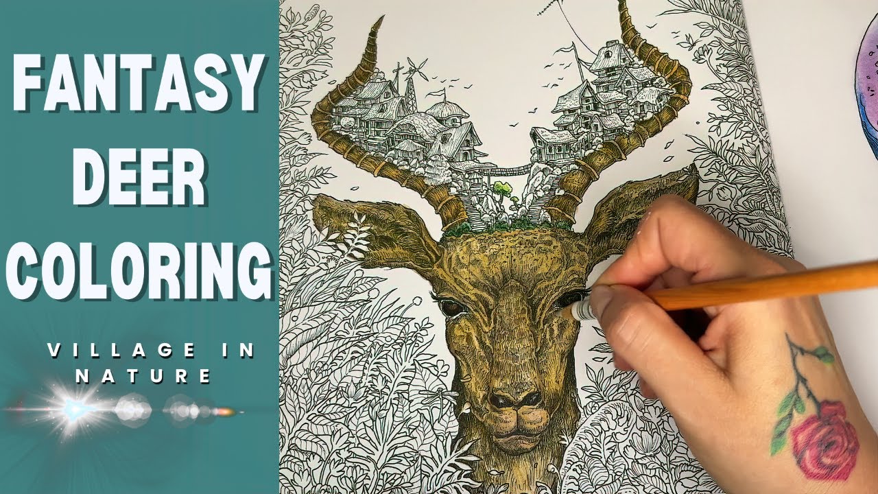 Fantasy Deer Coloring | Surreal Antlers Village Art | Adult Coloring ...