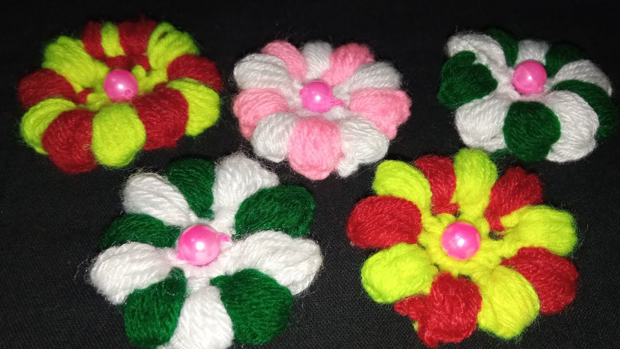 Easy woolen flower design | Flower design with wool | How to make ...