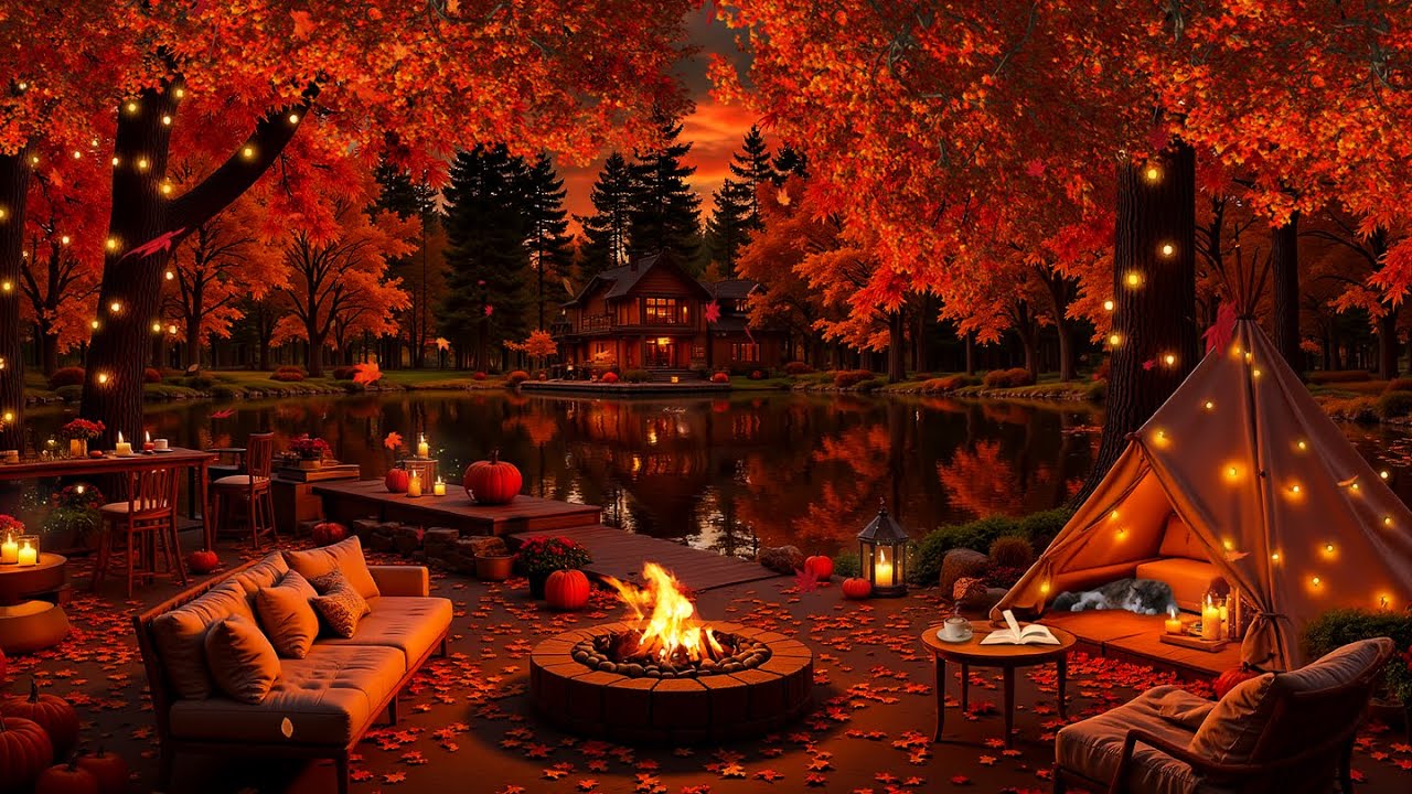 Tranquil Fall Café by the Lake 🍂 Warm Jazz Music & Fireplace Crackle ...