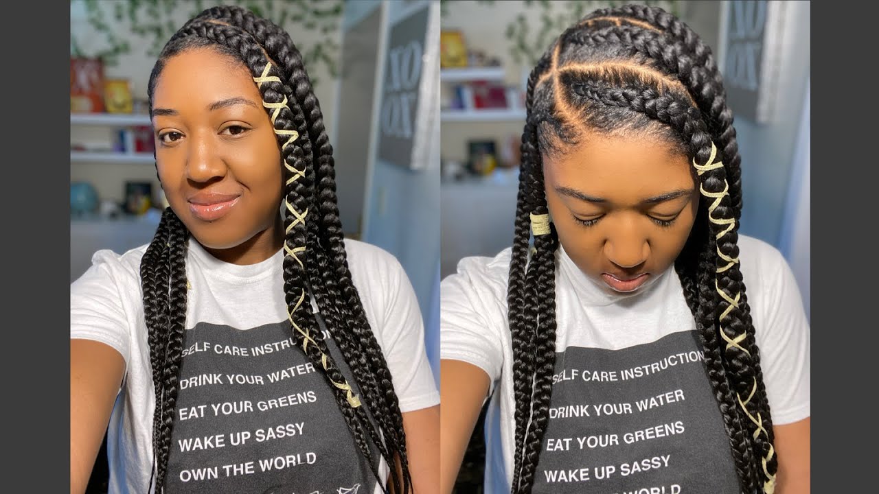 DIY Jumbo Side Part Feed in Cornrows | Feed in Braids on Natural Hair ...