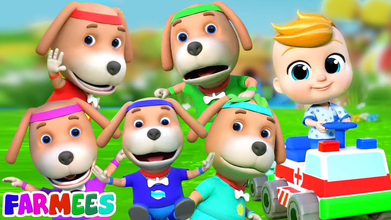 Five Little Dogs Jumping On The Bed, Animals Cartoon and Nursery Rhymes ...