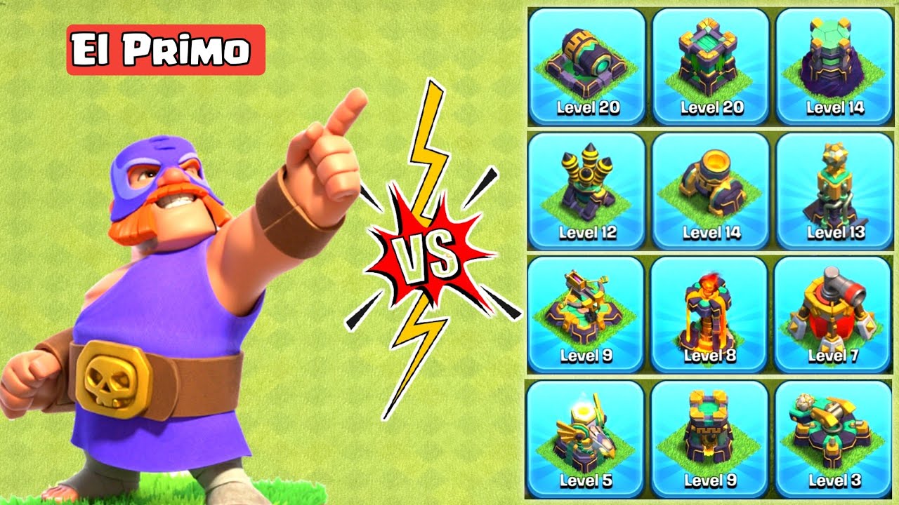 El Primo vs All Max Defense in Clash of Clans - YouTube