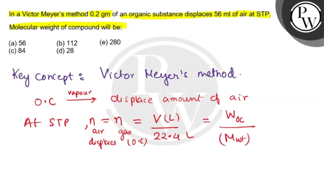 In a Victor Meyer's method \( 0.2 \mathrm{gm} \) of an organic subs... - YouTube
