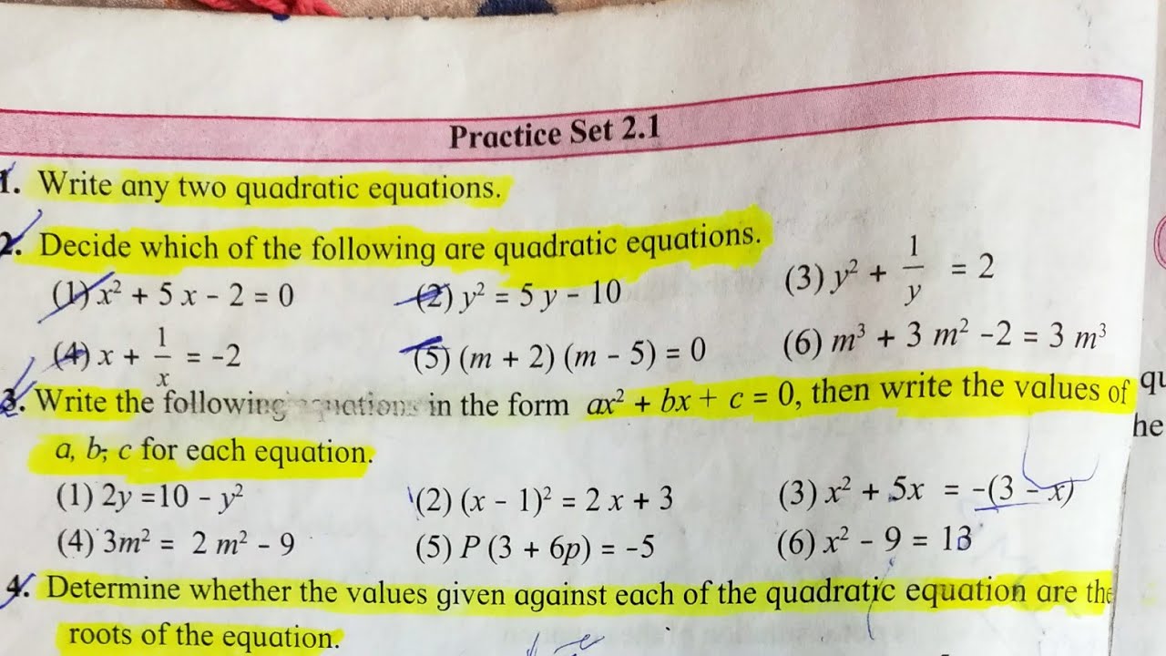 Quadratic equation Practice set 2.1 Part 1 class 10th ssc board Maths 1 ...