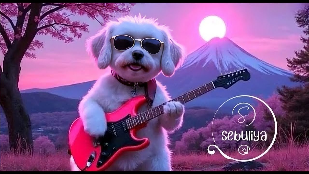 Synthwave Music on the background of the Mount Fuji and cherry blossoms ...