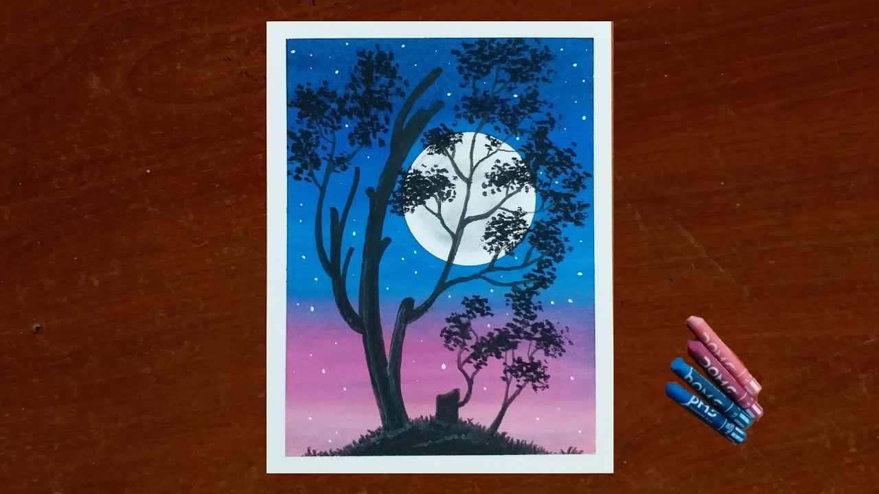 Beautiful moonlight scenery drawing for beginners | Easy oil pastels ...