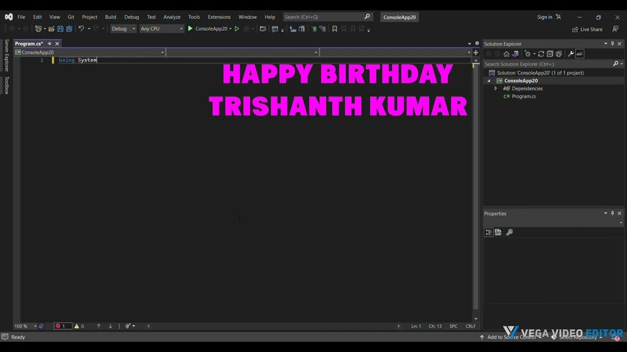 C# (Programming Language) Project 17: 'Happy Birthday Trishanth Kumar' Created by Trishanth ...