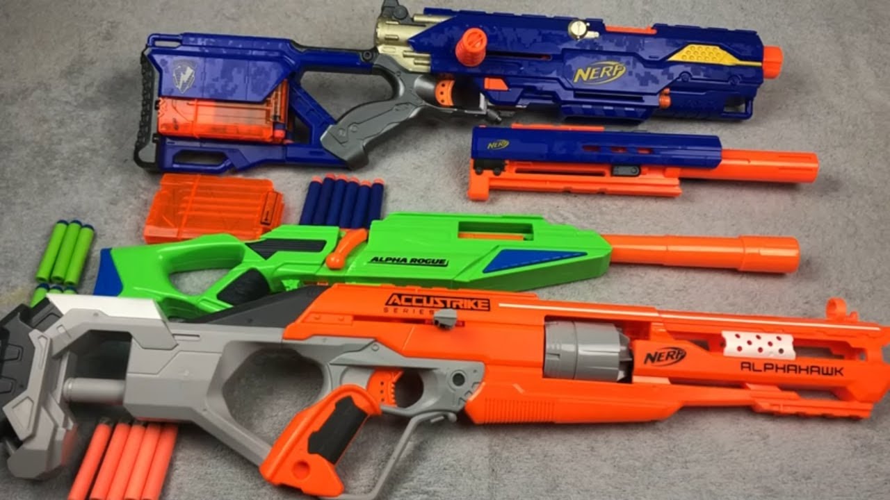 Box Full of Toy Guns Nerf Blasters Accustrike Darts - YouTube
