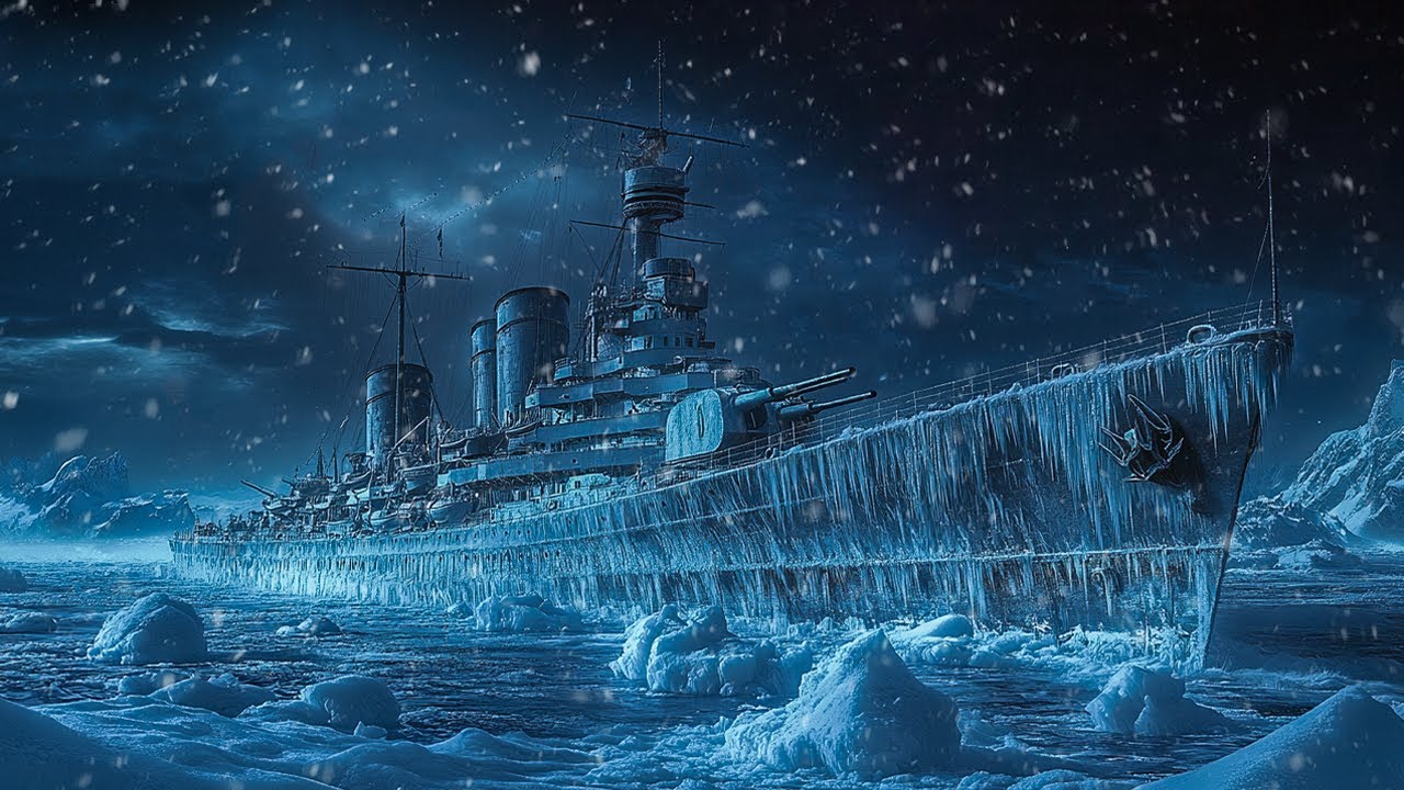 Ocean ship in frozen harbor | Winter atmosphere with howling wind and ...