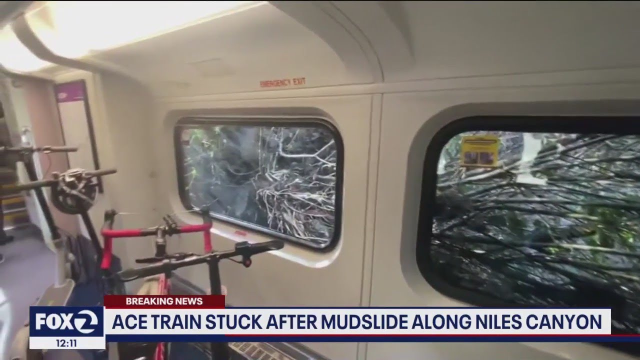 Live on scene in Sunol after ACE train gets stuck in mudslide - YouTube
