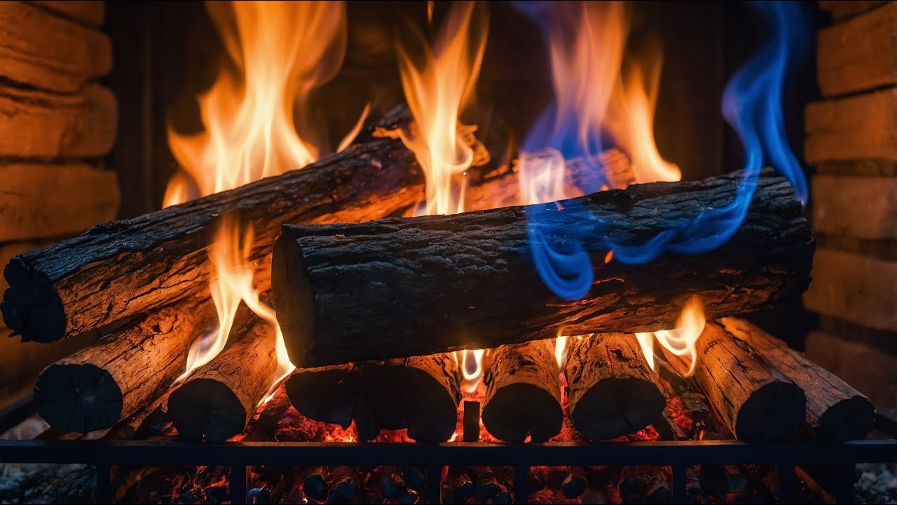 Evening Comfort & Firelight Calm – Stacked Logs with Blue Flames and ...