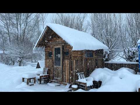Snowfall in a Wooden Cabin - Off-Grid Cabin