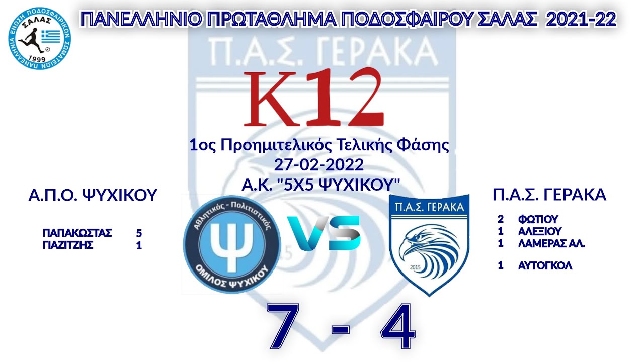 2022-02-27 ΠΡΩΤΑΘΛΗΜΑ ΣΑΛΑΣ (Κ12) ΑΠΟ ΨΥΧΙΚΟΥ - ΠΑΣ ΓΕΡΑΚΑΣ - YouTube