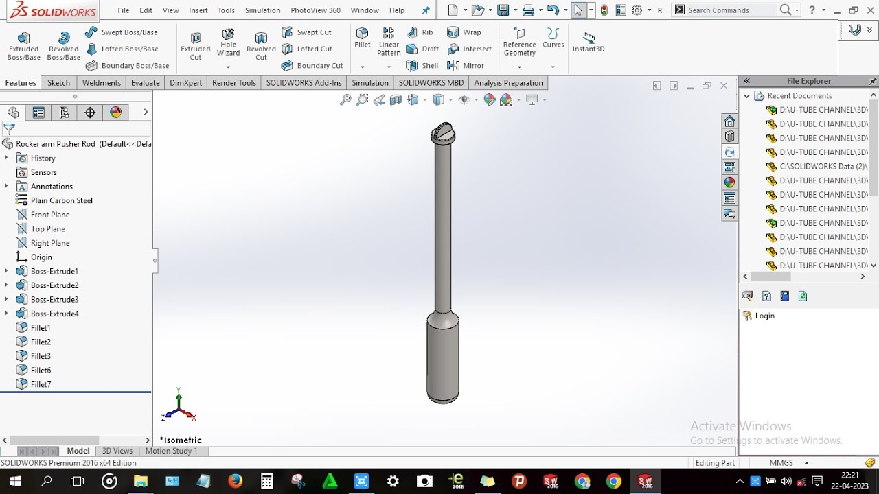 How to design Rocker arm Pusher Rod in solidworks - YouTube