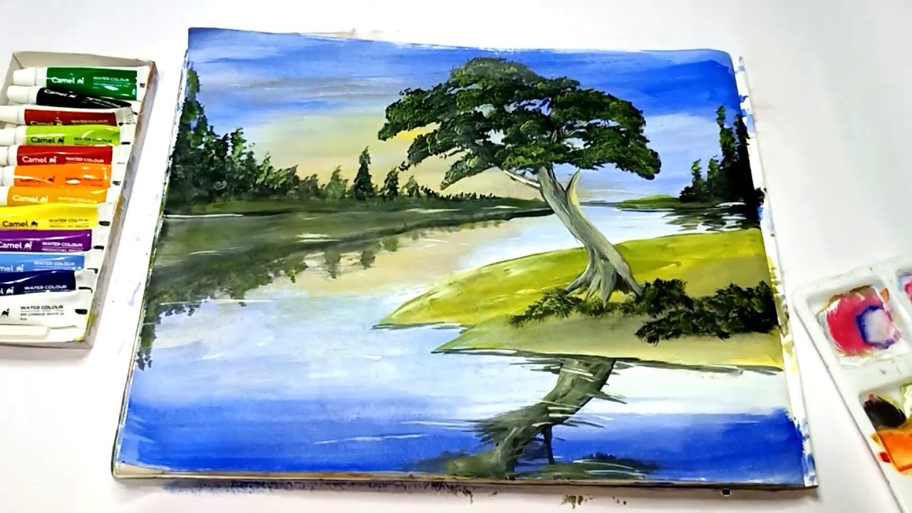 Simple Water Color Painting For Beginners | Landscape With River And ...