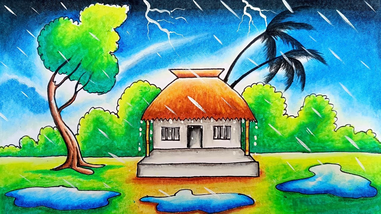 বর্ষাকালের দৃশ্য/rainy season drawing/বর্ষাকালের দৃশ্য আঁকা/borsha ...